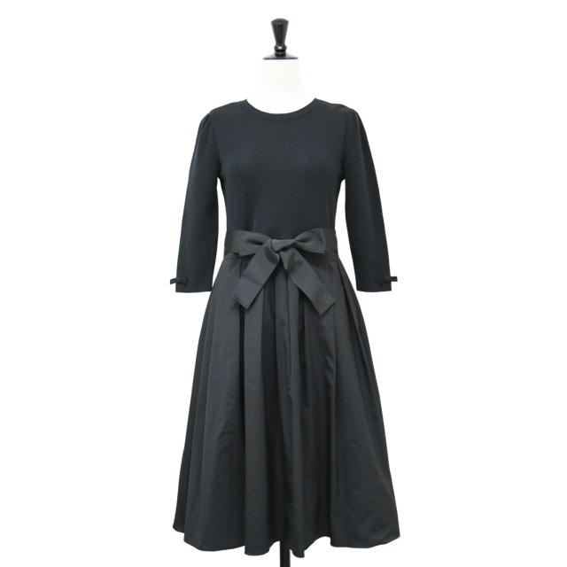 MS GRACY エムズグレイシー ワンピース ブラック 黒 サイズ:36(S) / 24秋冬 タフタスカート ドッキング ドレス / ワンピース ミディ丈 膝下 クルーネック 長袖 7分袖 ニット リボン / 日本製 / トップス ドレス【レディース】【K4463】