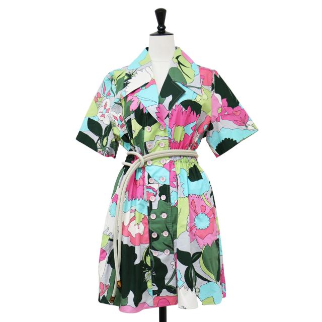 FENDI フェンディ ワンピース マルチカラー サイズ:36(XS) / フラワープリント オープンカラー シャツワンピース / ミニ丈 半袖 ギャザー ベルト付き コットン / イタリア製 / トップス ドレス【レディース】【中古】【K4464】