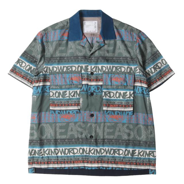 Sacai サカイ シャツ サイズ:1 / 23SS Eric Haze グラフィック ロゴ ボーダー オープンカラー 半袖 シャツ (Eric Haze Stripe Print Shirt) / グリーン系 / 日本製 / トップス カジュアルシャツ【メンズ】【中古】【美品】【K4469】