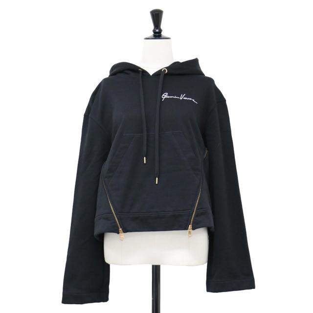 VERSACE ヴェルサーチ パーカー ブラック 黒 サイズ:36 XXS / メデューサ プリント クロップド フーディー / プルオーバー 長袖 ジップ レインボーカラー 裏毛 コットン / トップス / イタリア製 【レディース】【中古】【美品】【K4469】
