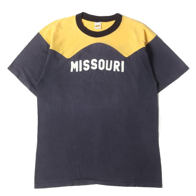 Russell ラッセル Tシャツ サイズ:XL / 70s 金タグ MISSOURI 2トーン Tシャツ / ネイビー イエロー / トップス カットソー 半袖 / 70年代 ヴィンテージ 古着【メンズ】【中古】【K4472】