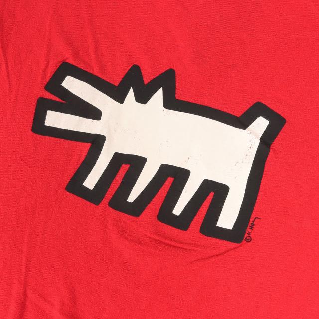 U.S.VINTAGE Tシャツ サイズ:XL / 80s Keith Haring 両面プリント クルーネック Tシャツ (SCREEN STARSボディ / USA製) / レッド / トップス カットソー 半袖 / 80年代 ヴィンテージ 古着【メンズ】【中古】【K4472】