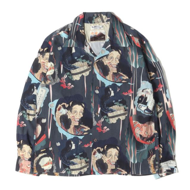 SUN SURF サンサーフ シャツ サイズ:S / JUNKY SPECIAL別注 葛飾北斎 百物語 レーヨン 長袖 アロハシャツ / ネイビー 紺 / トップス ハワイアンシャツ カジュアル【メンズ】【K4486】
