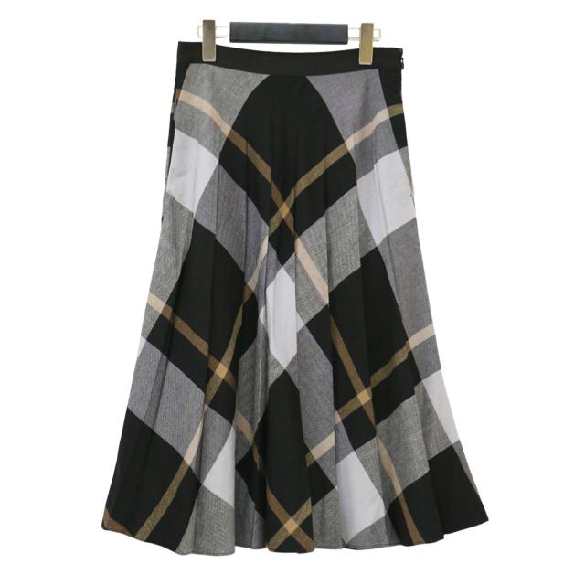 MARGARET HOWELL マーガレットハウエル スカート ブラック系 黒 サイズ:I(S) ラージチェック ウール ブレンド プリーツ スカート / LARGE CHECK WOOL BLEND ミディ丈 斜子織 フレア リネン / ボトムス / 日本製【レディース】【中古】【K4486】