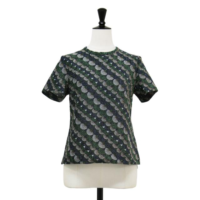 BACCA バッカ カットソー グリーン ネイビー系 紺 サイズ:36 9号 / 24春夏 スケールプリント ラメ カットソー / プルオーバー ブラウス 半袖 鱗模様 / トップス / 日本製【レディース】【中古】【美品】【K4487】