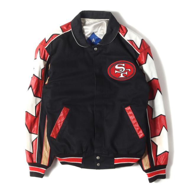 JEFF HAMILTON ジェフハミルトン ジャケット サイズ:S 90s NFL サンフランシスコ・49ers 袖レザー リバーシブル スタジャン (USA製) ブラック ホワイト アウター ブルゾン 上着【メンズ】【中古】【K4244】
