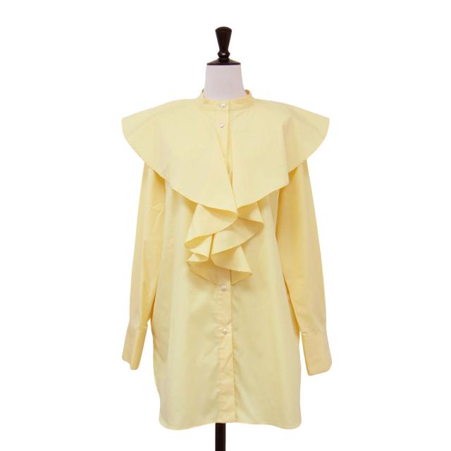 Charmante Femme シャルマントファム シャツ イエロー サイズ:FREE / VERY フリル シャツ / ブラウス チュニック丈 長袖 パール釦 コットン / トップス / 日本製【レディース】【中古】【K4492】