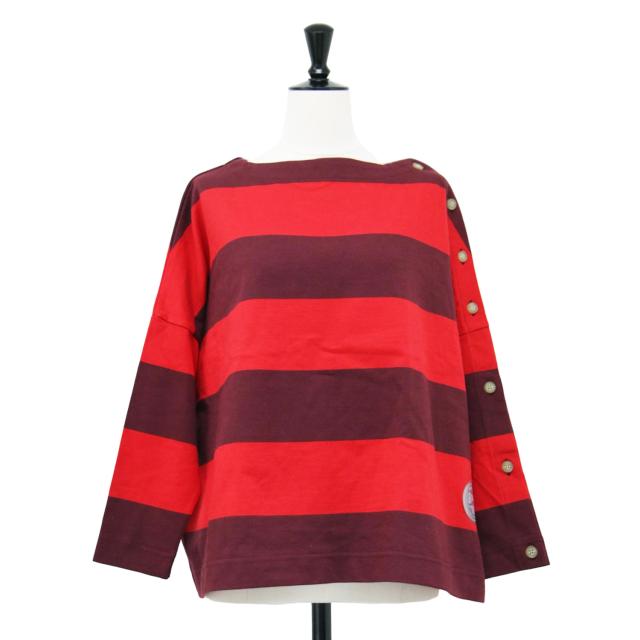 Traditional Weatherwear トラディショナル ウェザーウェア カットソー レッド系 サイズ:S / 袖釦 ボーダー カットソー / 長袖 ボートネック ワイドシルエット コットン / トップス Tシャツ / 日本製【レディース】【K4497】