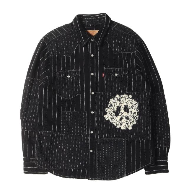 Levis リーバイス シャツ サイズ:L / DENIM TEARS アイコンパッチ ストライプステッチ カラーデニム ウエスタン シャツ / ブラック 黒 / トップス カジュアルシャツ 長袖 【メンズ】【中古】【美品】【K4417】