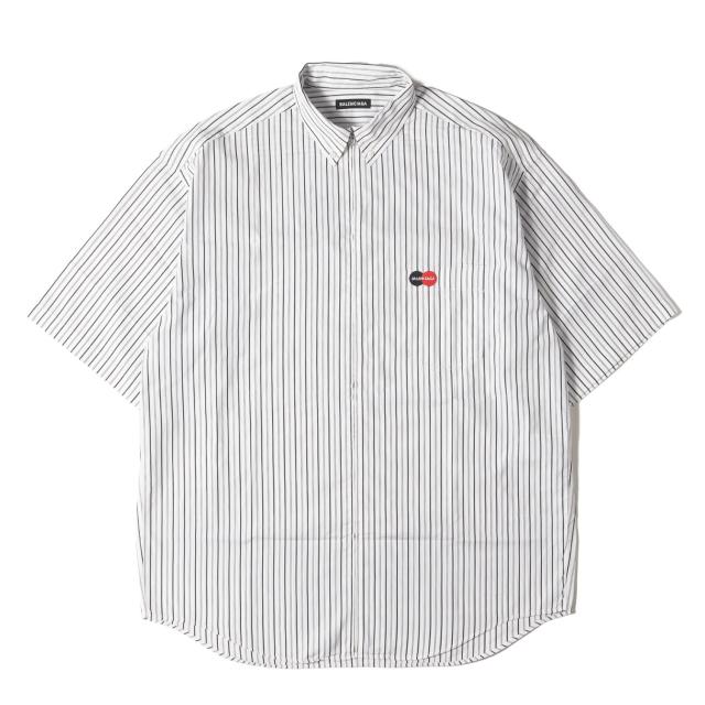 BALENCIAGA バレンシアガ シャツ サイズ:37 / 19SS マスターカード ロゴマーク刺繍 ストライプ 半袖 ジップ シャツ / ホワイト 白 / トップス カジュアルシャツ【メンズ】【中古】【美品】【K4459】