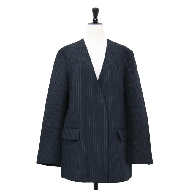 Plage プラージュ ジャケット ネイビー 紺 サイズ:38(M) / 25春夏 ストライプ サマー ジャケット / STRIPE SUMMER ノーカラー Vネック 長袖 リネン混 / アウター ブルゾン 上着 羽織り【レディース】【中古】【美品】【K4499】