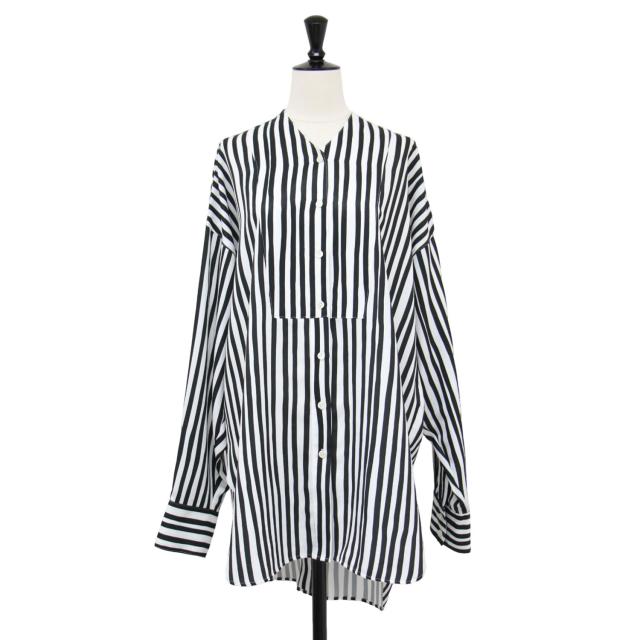 CITYSHOP シティショップ シャツ ブラック ホワイト 黒白 サイズ:FREE / ストライプ プリント シャツ / STRIPE PRINT Vネック 長袖 ラウンドヘム ベンツ 比翼ボタン / トップス ブラウス 羽織り【レディース】【中古】【美品】【K4503】