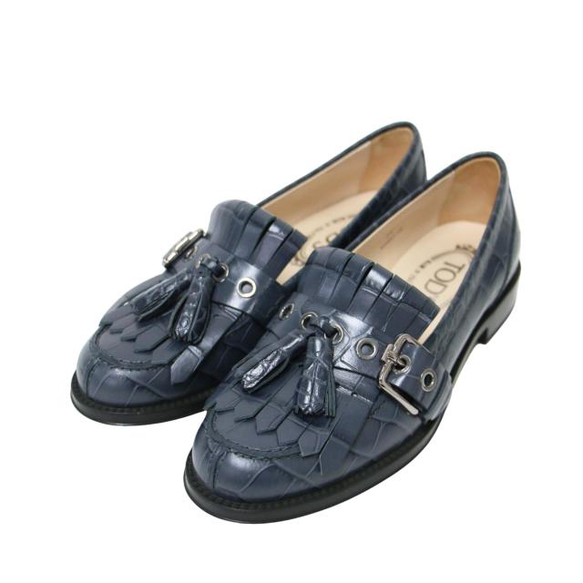 TODS トッズ ローファー ネイビー 紺 サイズ:34(21.0cm) / クロコ 型押し タッセル ローファー / レザー 本革 / シューズ 靴 / イタリア製【レディース】【中古】【美品】【K4505】