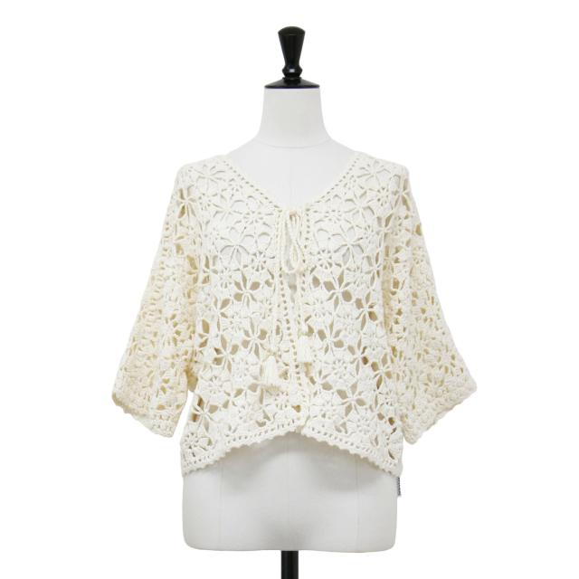 MACPHEE マカフィー カーディガン ホワイト 白 サイズ:S(9号) / 24春夏 モチーフ クロシェット ハーフスリーブ カーディガン / ニット / 半袖 かぎ針編み コットン リネン / トップス セーター【レディース】【中古】【K4513】