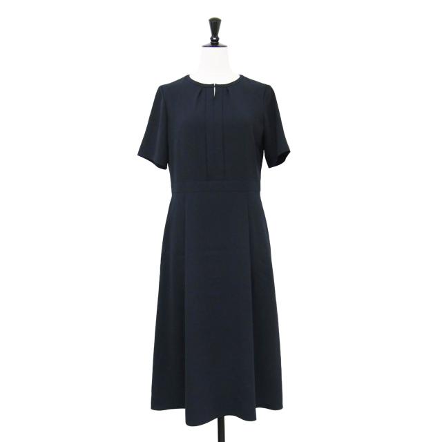 NEWYORKER ニューヨーカー ワンピース ネイビー 紺 サイズ:7AR(S) / 24春夏 ポリエステル マット クロス 2WAYネック 半袖 ワンピース / フォーマル ショートスリーブ ラウンドネック キーネック 膝下丈 フレア / トップス ドレス【レディース】【中古】【K4515】
