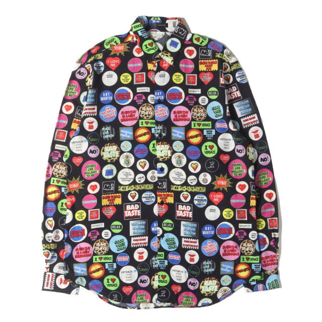VERSACE ヴェルサーチ シャツ サイズ:42 / メデューサボタン付き メッセージアイコン モノグラム レーヨン ボタンシャツ / ブラック 黒 / イタリア製 / トップス カジュアルシャツ 長袖【メンズ】【中古】【K4517】