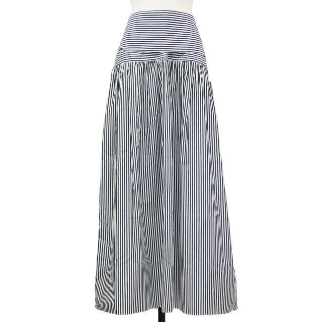 Curensology カレンソロジー スカート ホワイト ブラック 白黒 サイズ:38(M) / 21春夏 ストライプ ギャザー スカート / マキシ丈 フレア リボン コットン / 日本製 / ボトムス【レディース】【中古】【K4520】
