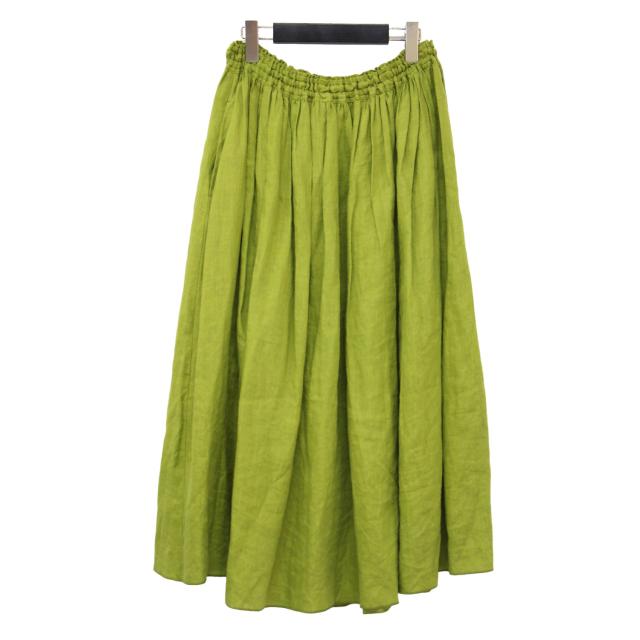 HUIS ハウス スカート ライムグリーン サイズ:FREE / シャトルリネン ロングスカート / ミディ丈 フレア ギャザー ウエストゴム / 日本製 / ボトムス【レディース】【中古】【K4520】