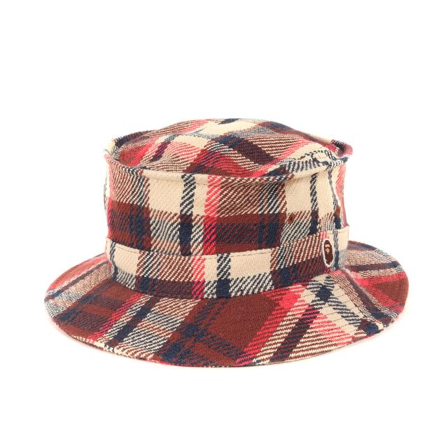A BATHING APE ア ベイシング エイプ ハット サイズ:L / ラブジェネチェック ネル ハット / レッド ブラウン / ブランド 帽子【メンズ】【中古】【美品】【K4522】