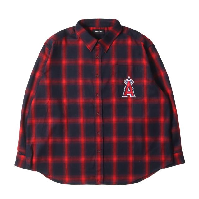 WIND AND SEA ウィンダンシー シャツ サイズ:XL 24SS MLB Los Angeles Angels オーバーサイズ オンブレチェック シャツ レッド ネイビー トップス カジュアルシャツ 長袖 コラボ【メンズ】【中古】【新品同様】【K4265】