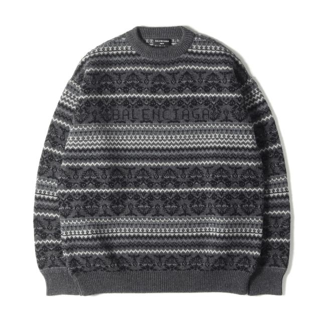 BALENCIAGA バレンシアガ ニット サイズ:S 21AW ロゴ ジャガード フェアアイル ニット セーター (Fairisle Crewneck) / UNIFIT グレー系 トップス 【メンズ】【中古】【K4256】