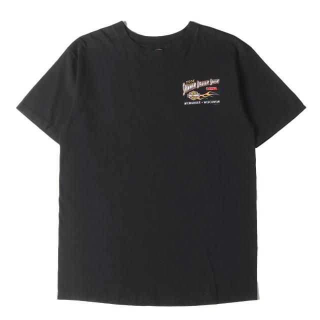HARLEY-DAVIDSON ハーレーダビッドソン Tシャツ ブラック 黒 サイズ:L | 00s SUMMER DEALER SHOW 2002 フレイム シールドロゴ 両面プリント Tシャツ | USA製 HOLOUBEK | トップス カットソー 半袖【メンズ】【中古】【K4531】