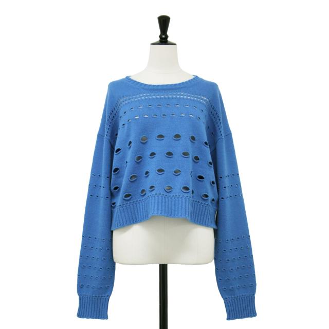 VERSACE ヴェルサーチ ニット ブルー サイズ:38(XS) | ウール 透かし編み ワイド ニット | プルオーバー ショート丈 クルーネック 長袖 | イタリア製 | トップス セーター【レディース】【中古】【K4534】