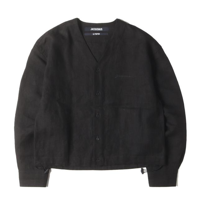 Jacquemus ジャックムス ジャケット ブラック 黒 サイズ:46 | 22AW LE PAPIER シグネチャー ロゴ 刺繍 リネン ノーカラー Vネック シャツ ジャケット | アウター ブルゾン 上着【メンズ】【中古】【美品】【K4536】