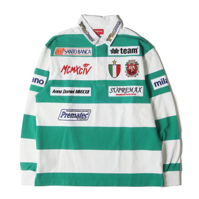 Supreme シュプリーム ホワイト グリーン サイズ:S | 22SS BOXロゴパッチ ボーダー ラガーシャツ (Stripe Rugby) | トップス カットソー【メンズ】【K4540】