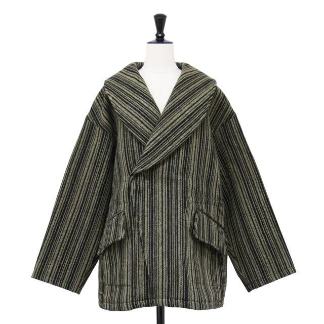 ELIN エリン ジャケット カーキ×ブラック サイズ:38(M) | ストライプ柄 ショールカラー ジャケット / ブレザー | 長袖 ダブル オーバーサイズ ウール | アウター ブルゾン 上着 | 日本製【レディース】【中古】【K4540】