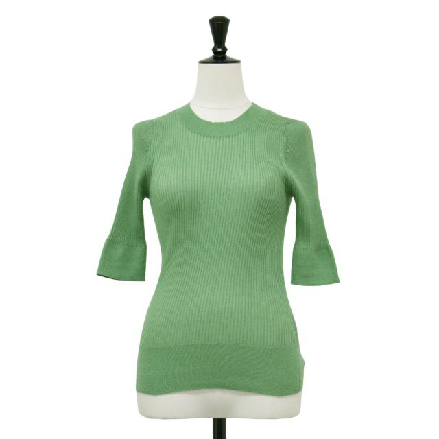 ESTNATION エストネーション ニット グリーン サイズ:FREE | 24春夏 シアー クルーネック ニット | プルオーバー 5分袖 リブ ラメ糸 | トップス セーター【レディース】【中古】【K4541】