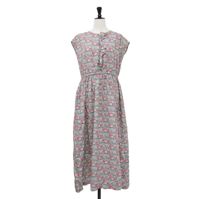 SOULEIADO ソレイアード ワンピース ライトベージュ系 サイズ:34(7号) | 25春夏 レーヨン プリント アシンメトリー フリル ワンピース | ロング フレンチスリーブ クルーネック フレア | トップス ドレス | 日本製【レディース】【中古】【K4541】