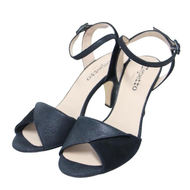 Repetto レペット サンダル ブラック 黒 サイズ:37(23.5cm) | オープントゥ スウェード ストラップ サンダル / ハイヒール | ベルト レザー | ブランド シューズ 靴【レディース】【中古】【K4544】