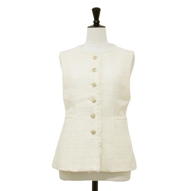 ANAYI アナイ ジレ ホワイト 白 サイズ:34(XS) | 24春夏 フィルムツイード ペプラム ジレ / ベスト ノーカラー ラメ フリンジ 金釦 ウール | 日本製 | トップス【レディース】【中古】【K4544】