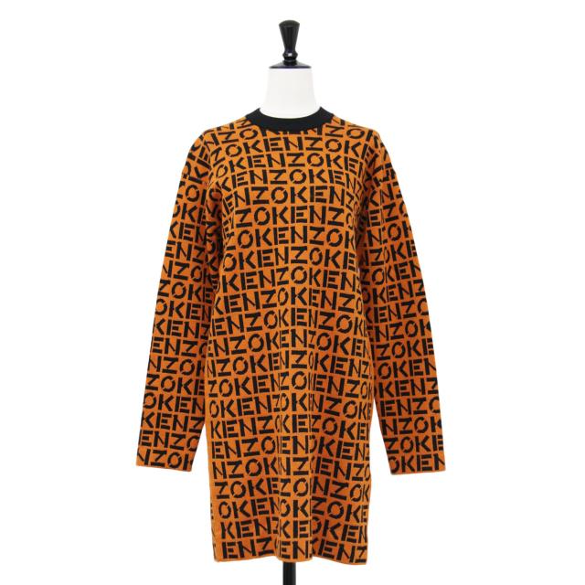 KENZO ケンゾー ワンピース  オレンジ ブラック サイズ:XS | モノグラム ジャガード ニット ワンピース | ミニ丈 長袖 クルーネック バイカラー コットン | トップス ドレス プルオーバー【レディース】【中古】【K4547】
