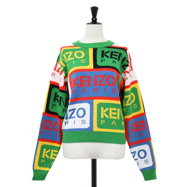 KENZO ケンゾー ニット マルチカラー サイズ:XS | ロゴ ジャガード クルーネック ニット | プルオーバー ショート丈 長袖 総柄 コットン | トップス セーター【レディース】【中古】【美品】【K4547】