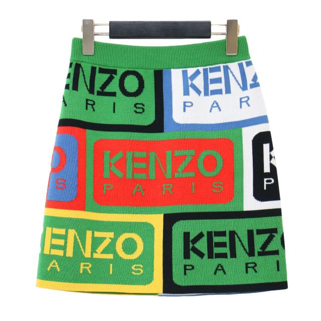 KENZO ケンゾー スカート マルチカラー サイズ:XS | ロゴ ジャガード ミニ スカート | タイト ニット ウエストゴム コットン | ボトムス【レディース】【中古】【美品】【K4547】