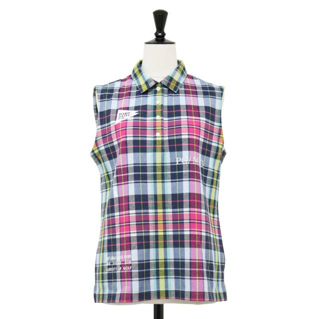 PEARLY GATES パーリー ゲイツ ポロシャツ ダークネイビー サイズ:2(L) | 23春夏 チェック ノースリーブ ポロシャツ / カットソー | ロゴ 刺繍 総柄 ゴルフウェア コットン | トップス | 日本製【レディース】【中古】【K4549】