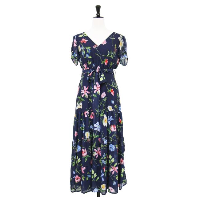 Phase Eight  フェイズエイト 花柄 ティアード ロング ワンピース ネイビー 紺 サイズ:UK8(M) / ドレス 半袖 Vネック フリル ギャザー リボン シアー | トップス【レディース】【中古】【K4549】