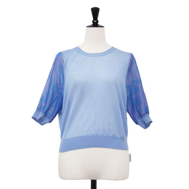 SOULEIADO ソレイアード ニット ライトブルー系 サイズ:S(9号) | 23春夏 ポリエステル プリント パフスリーブ コンビ ニット | プルオーバー 半袖 クルーネック リブ エキゾチック シルク混 | トップス セーター カットソー【レディース】【中古】【K4555】