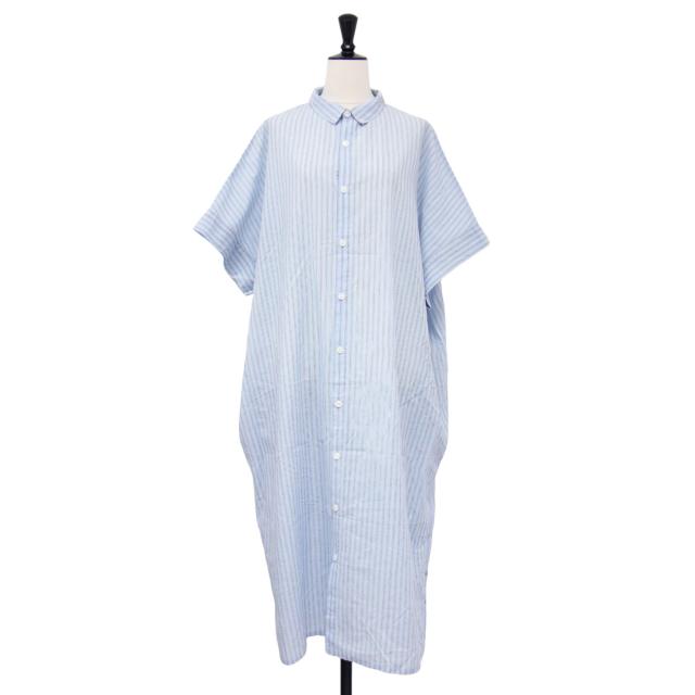 HUIS ハウス ワンピース ブルー サイズ:FREE | ゆるふわ コットン ショート スリーブ ロング シャツ ワンピース | 五分袖 スリット ストライプ | トップス 半袖 | 日本製【レディース】【中古】【K4555】