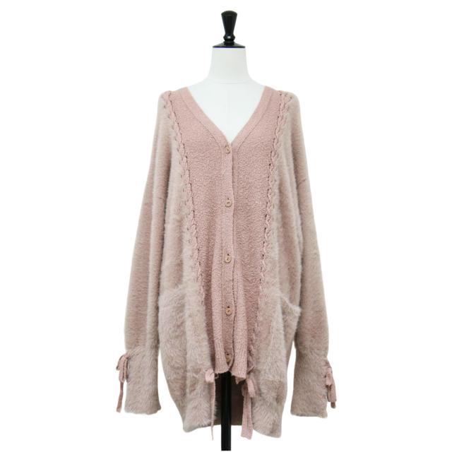 HYSTERIC GLAMOUR ヒステリックグラマー カーディガン ピンク サイズ:FREE | Vネック レースアップ カーディガン | ミドル丈 長袖 シャギー オーバーサイズ コットン | トップス 羽織り【レディース】【中古】【K4554】