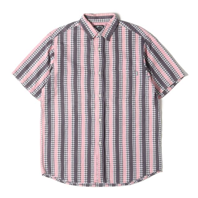 STUSSY ステューシー シャツ チャコール ホワイト サイズ:S | 00s ストライププリント ギンガムチェック 半袖シャツ | トップス カジュアルシャツ | 00年代 アーカイブ【メンズ】【中古】【K4558】
