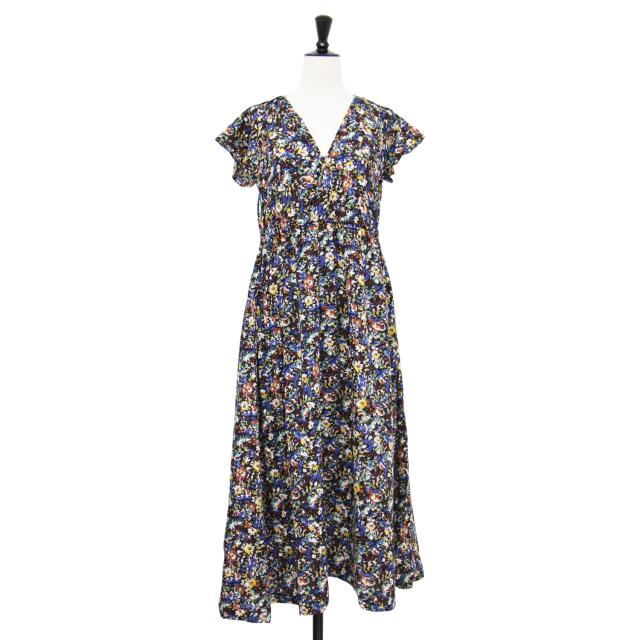 SOULEIADO ソレイアード ワンピース ブラック系 サイズ:34(7号) | 24春夏 レーヨン ローン プリント バタフライスリーブ ワンピース | 半袖 Vネック タック ギャザー フレア | トップス ドレス【レディース】【中古】【K4558】