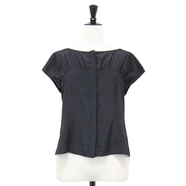 ESTNATION エストネーション ブラウス ブラック 黒 サイズ:36(S) | 25春夏 ピンドット ジャガード ブラウス / シャツ | ノーカラー フレンチスリーブ ギャザー フレア | 日本製 | トップス  【レディース】【中古】【K4561】