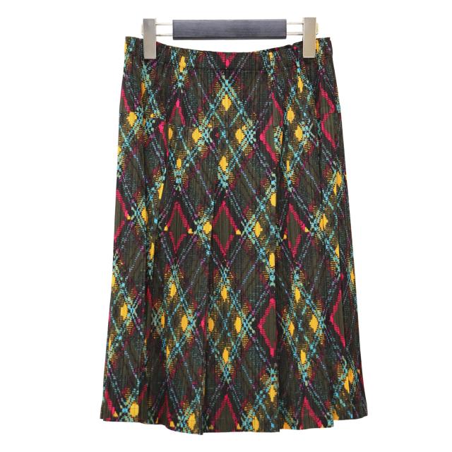 PLEATS PLEASE プリーツプリーズ スカート カーキ系 サイズ:5(XXL) | 総柄 ミディ プリーツ スカート | フレア タック アーガイル柄 ウエストゴム | 日本製 | ボトムス【レディース】【中古】【K4566】