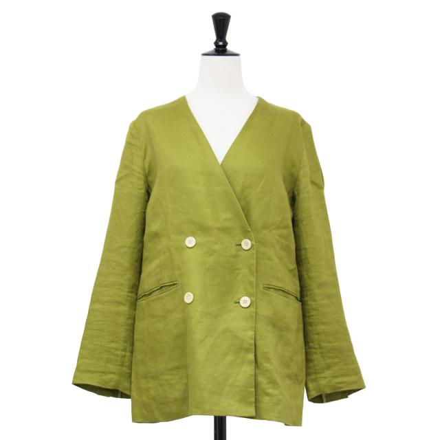 IENA イエナ ジャケット  グリーン系 サイズ:38(M) | 20春夏 フレンチリネン ツイル Wブレスト ジャケット | 長袖 Vネック ノーカラー スリット | アウター ブルゾン 上着【レディース】【中古】【K4566】