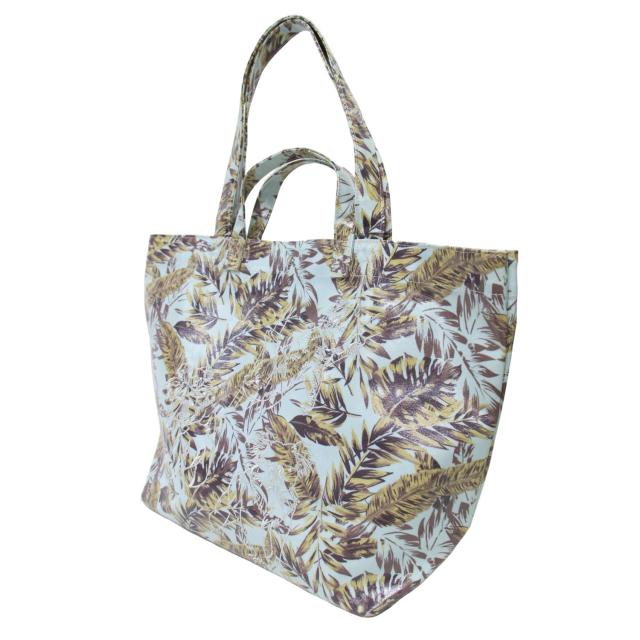 ear PAPILLONNER イア パピヨネ バッグ ブルー系 | ラミネート 刺繍 2WAY トートバッグ / ショルダー | 肩掛け リーフ柄 プリント コットン | ブランド カバン【レディース】【中古】【K4562】