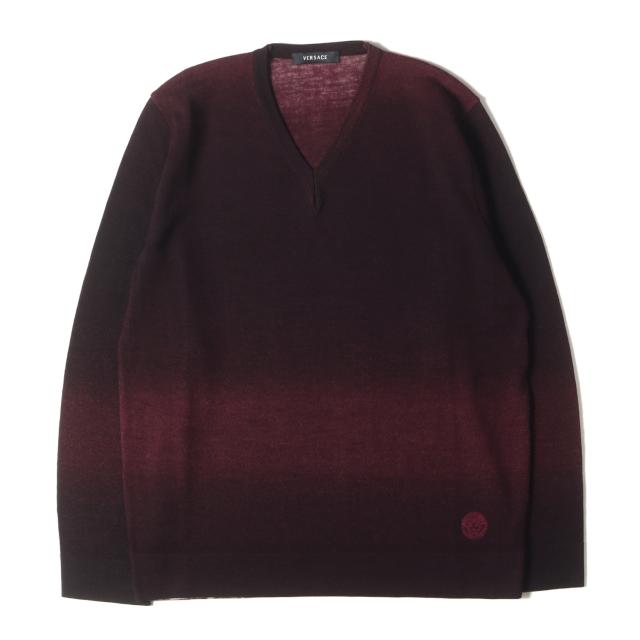 VERSACE ヴェルサーチ ニット バーガンディー サイズ:56 | メデューサ刺繍 グラデーションプリント Vネック ウールニット | イタリア製 | トップス セーター プルオーバー【メンズ】【中古】【K4565】