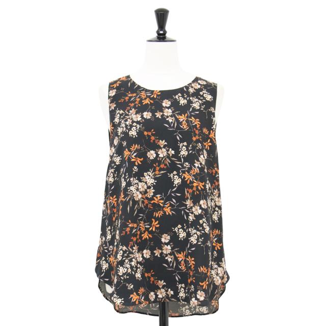 Theory セオリー ブラウス ブラック 黒 サイズ:S | 花柄 ノースリーブ ブラウス | プルオーバー クルーネック Aライン フレア 総柄 | 日本製 | トップス シャツ カットソー【レディース】【中古】【K4566】